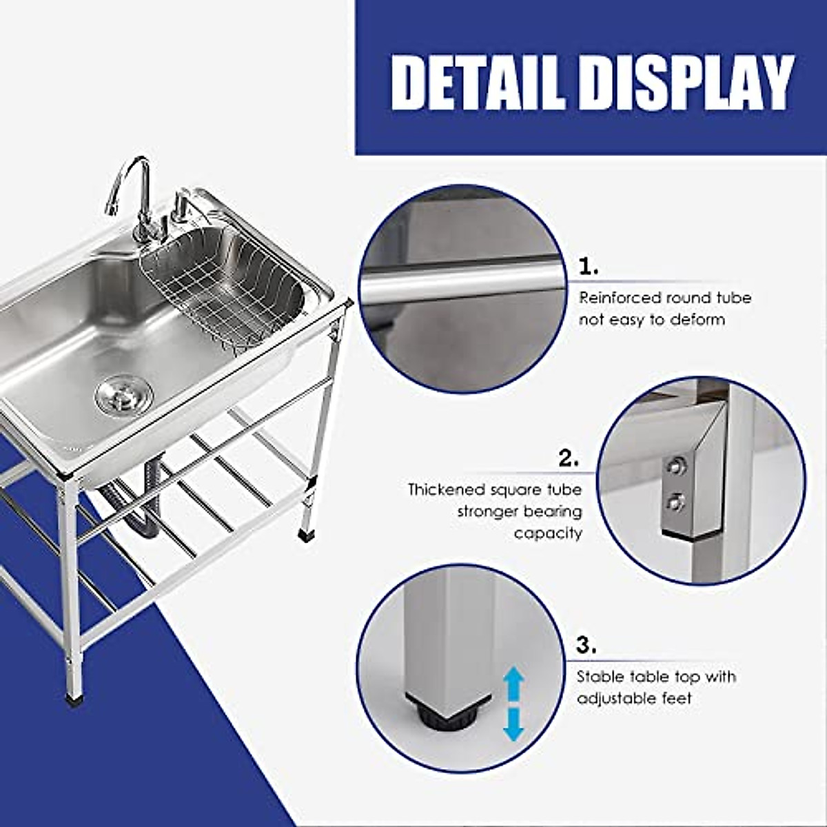 304 Stainless Steel Kitchen Sink Freestanding Utility Sink with Cold and Hot Water Pipe W27.95”x D18.5”x H29.5”