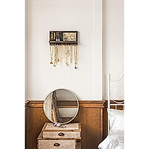 Mkono Rustic Wall Mounted Jewelry Organizer with Bracelet Rod and 30 Hooks Wood Hanging Jewellery Holder for Necklaces, Earrings, Bracelets, Rings, Display Shelf for Cabinet,Mother's Day Gift