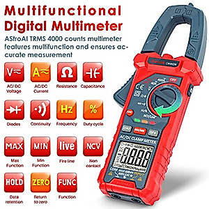 AstroAI Digital Clamp Meter Multimeter 4000 Counts Auto-ranging Amp Tester Measuring AC/DC Voltage & Current, Resistance, Capacitance, Frequency, Continuity, Live Wire Test, NCV Detection