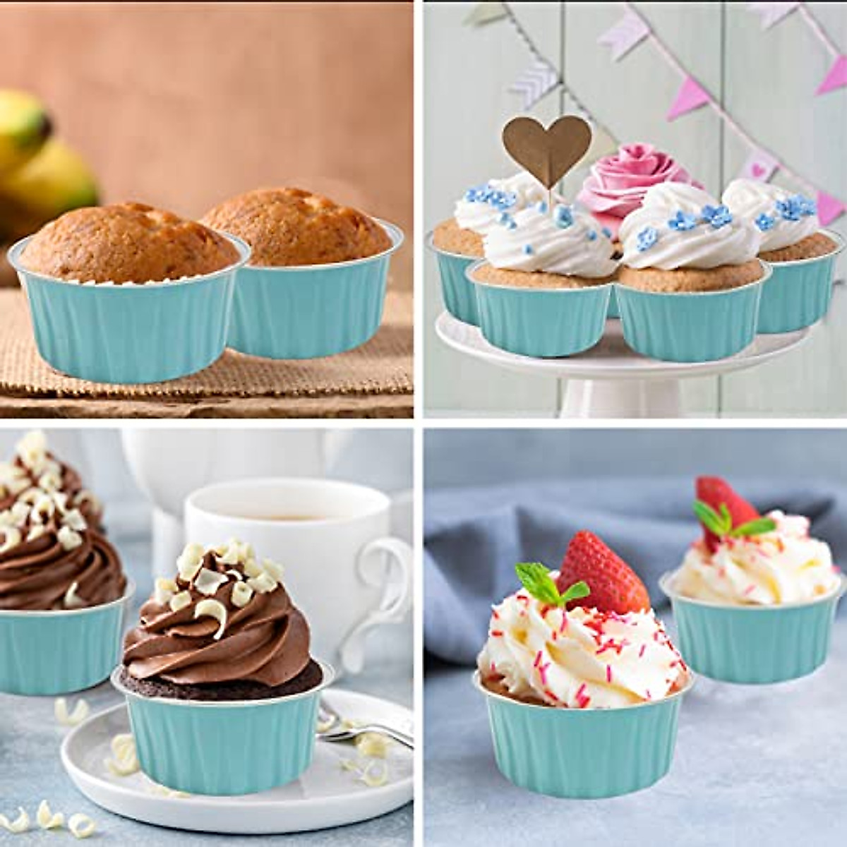 100Pcs Aluminum Cups with Lids,5oz Disposable Ramekin Baking Cups Muffin Liners Mini Pie Pans Foil Cupcake Containers for Christmas Party Wedding,Blue