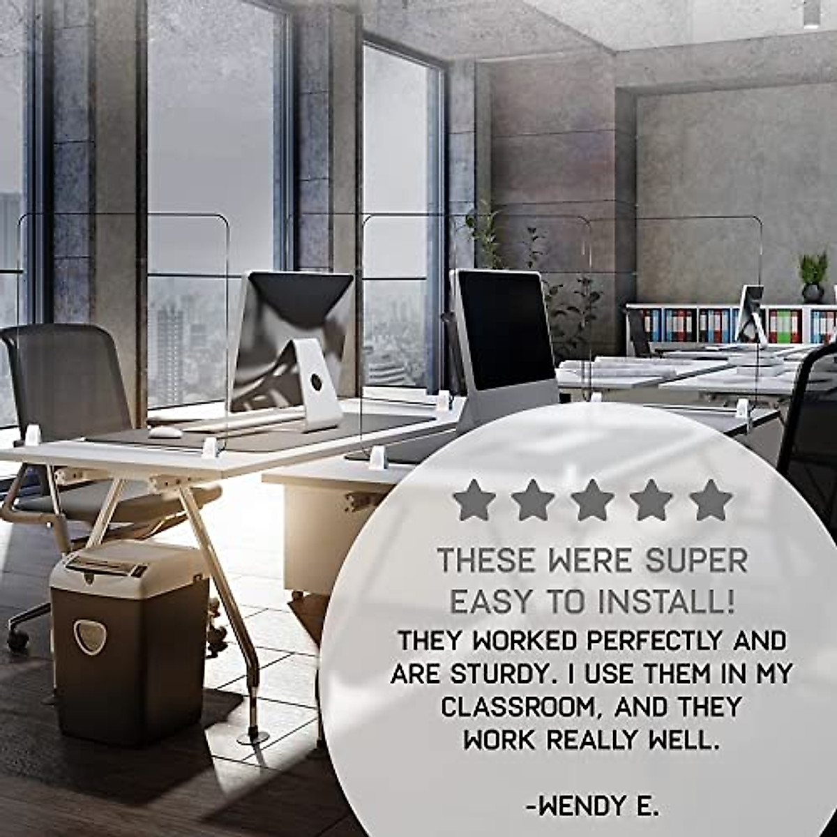 4 Pack - Desk Divider Office Partitions - Crystal Clear Acrylic Plexiglass. Adjustable Silver Clamps Included. Desk Divider for Schools or Offices. Clear Plexiglass Sneeze Guard, 22x22 inches.