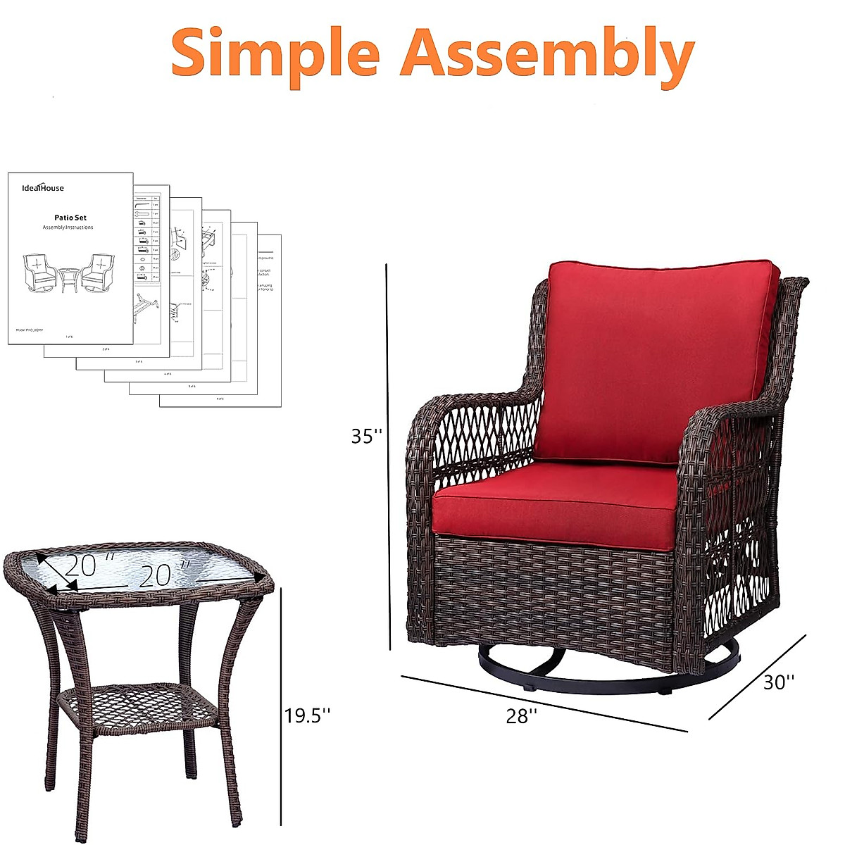 OMTech Rocking Chair, Outdoor Wicker Rotation Rocking Chair with Cushion, Outdoor Rocking Chair Set of 3, with End Table, Indoor Outdoor Patio Yard Bistro Furniture, Red