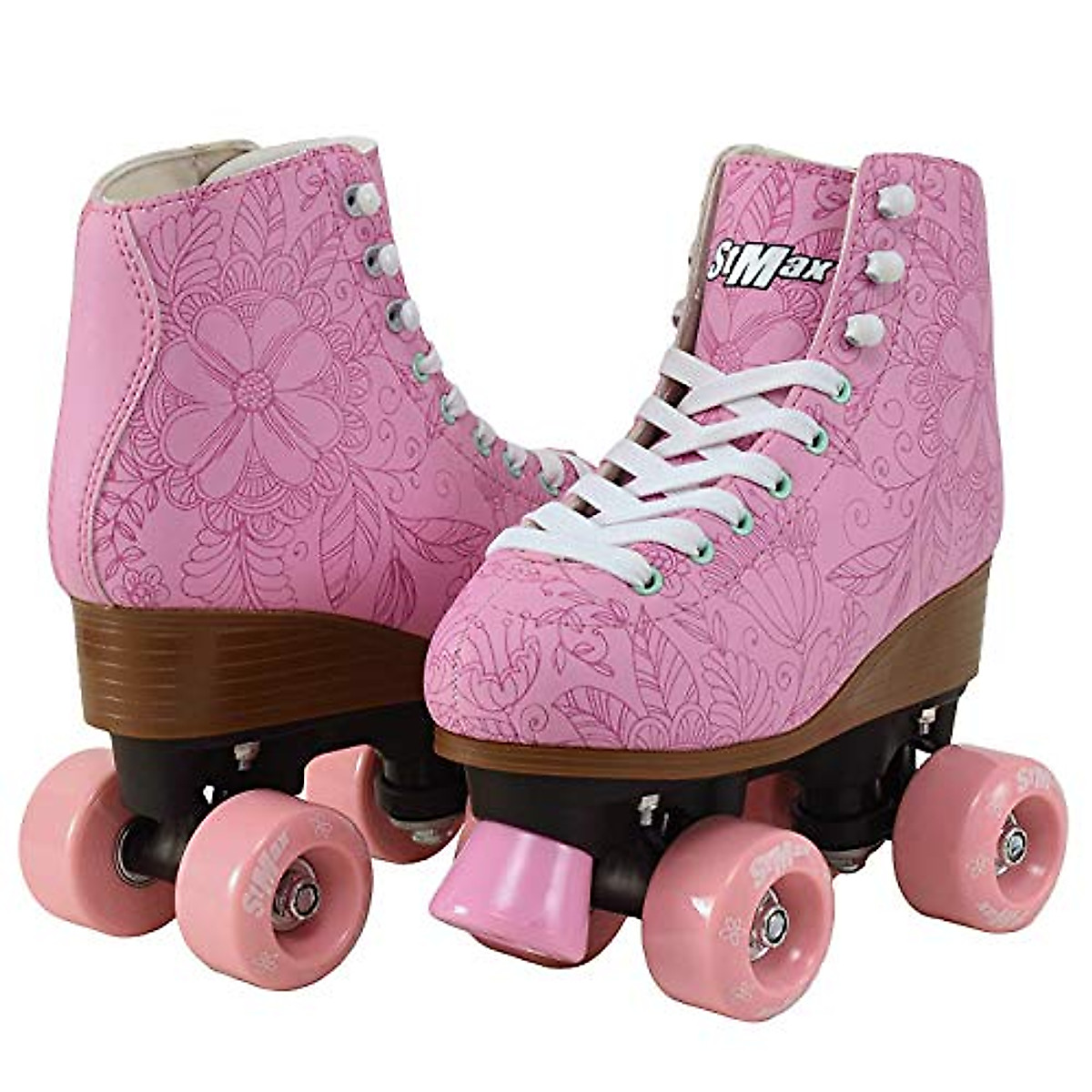 StMax Quad Roller Skates for Girls and Women-Size 2.5 Kids to 8.5 Women -Outdoor, Indoor and Rink Skating- Classic High Cuff with Adjustable Lace System (Pink, 8 Women)