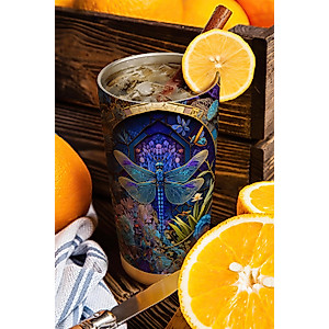 20oz Blue Stained Glass Mosaic Crystal Dragonfly Tumbler, Gifts for Dragonfly Lovers, Coffee Thermos for Women, Stainless Steel Double Wall Vacuum Insulated Coffee Mug, Travel Cup with Lid - D