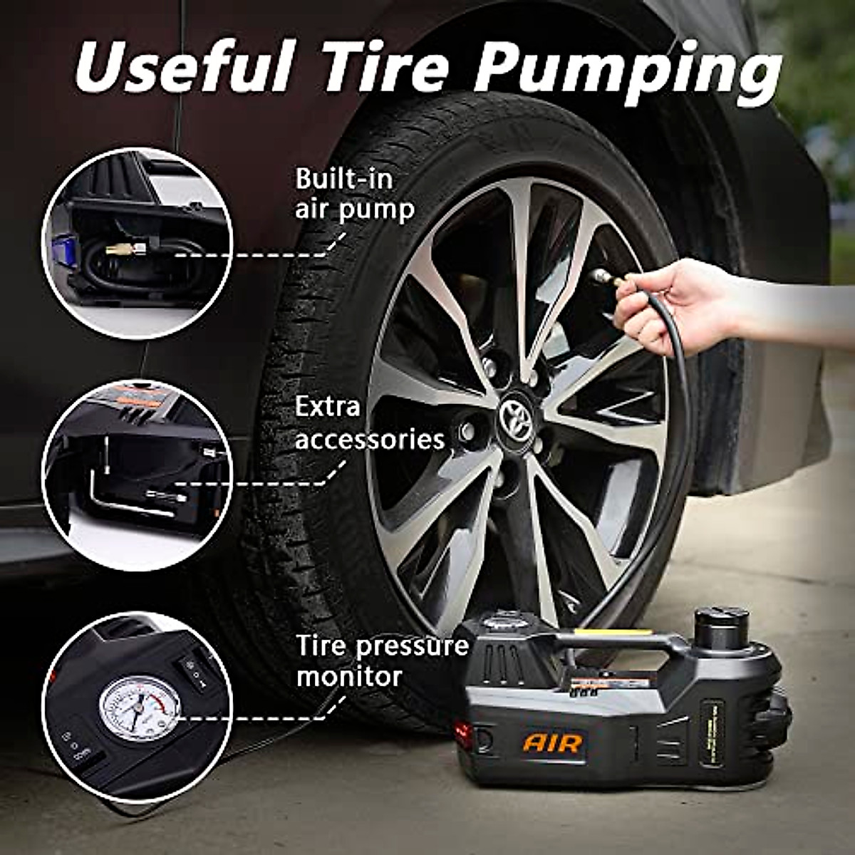 STANDTALL Electric Car Jack Kit, 5 Ton 12 V Hydraulic Jack with Impact Wrench Tire Inflator Pump and LED Light, for Sedans SUV and Trucks, Home Garage Tire Changing Repair and Road Emergency