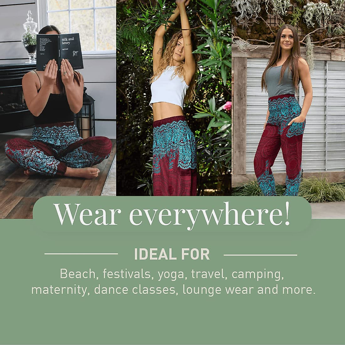 Happy Trunks Harem Pants for Women with Pockets (S-XXL) - Boho Hippie Yoga Pants, Beach Lounge Pants, Comfy Bohemian Clothes for Women (Small, Red Honeycomb)