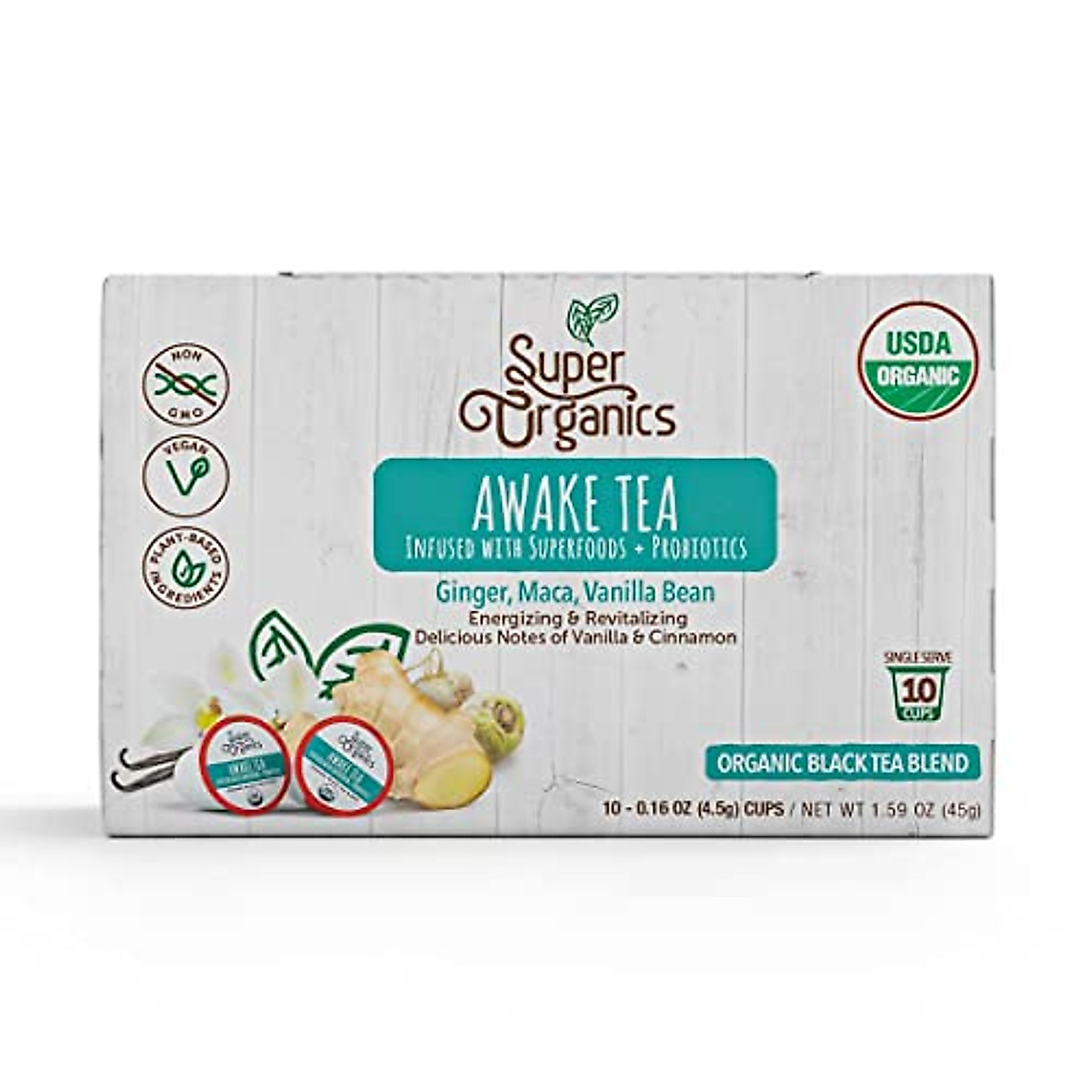 Super Organics Awake Black Tea Pods With Superfoods & Probiotics Keurig K-Cup Compatible Energy, Revitalizing, Refreshing Tea USDA Certified Organic, Vegan, Non-GMO, Natural & Delicious, 10ct