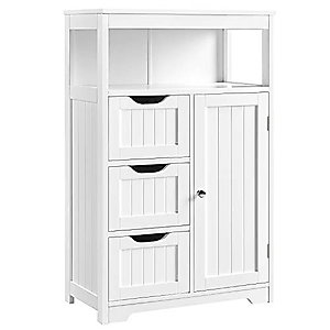 Yaheetech Bathroom Floor Cabinet Wooden Storage Organizer with 1 Door and 3 Drawers, Free-Standing Cupboard for Kitchen/Living Room/Bathroom Use, White