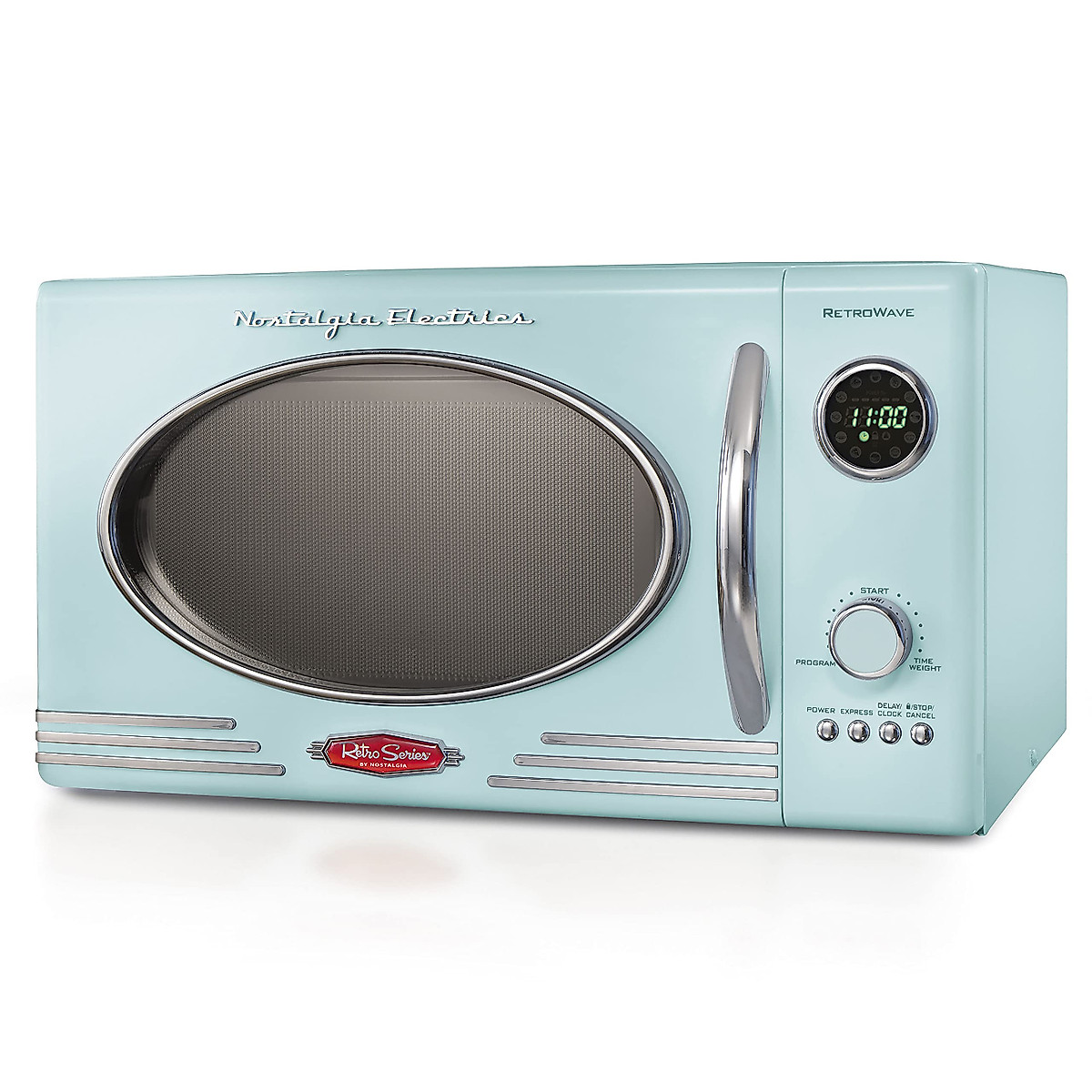 Nostalgia Retro Countertop Microwave Oven, 0.9 Cu. Ft. 800-Watts with LED Digital Display, Child Lock, Easy Clean Interior, Cu.Ft, Aqua & Retro Stainless Steel Electric Tea and Water Kettle