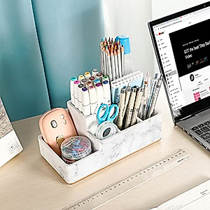 Toothbrush Holder, Aimou Bathroom Organizer Countertop, Bathroom Counter Storage Electric Toothbrush Toothpaste Razor Holder for Bathroom/Vanity, Cotton Ball, Cotton Swab, Floss, Marble White