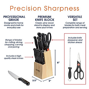 Cheer Collection 13-Piece Stainless Steel Knife Set with Wooden Block | Premium Steak, Paring, Carving, and Butcher Knives with Kitchen Shears | Razor Sharp, Ergonomic Grip