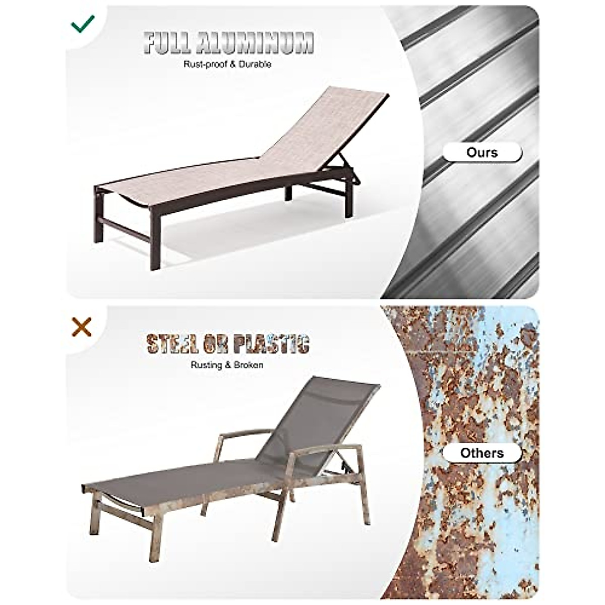 Crestlive Products 2PCS Patio Chaise Lounges and 1PC Table Set Aluminum Adjustable Lounge Chairs with Tempered Glass Side Table, Curved Design, All-Weather Outdoor Recliners (Beige)