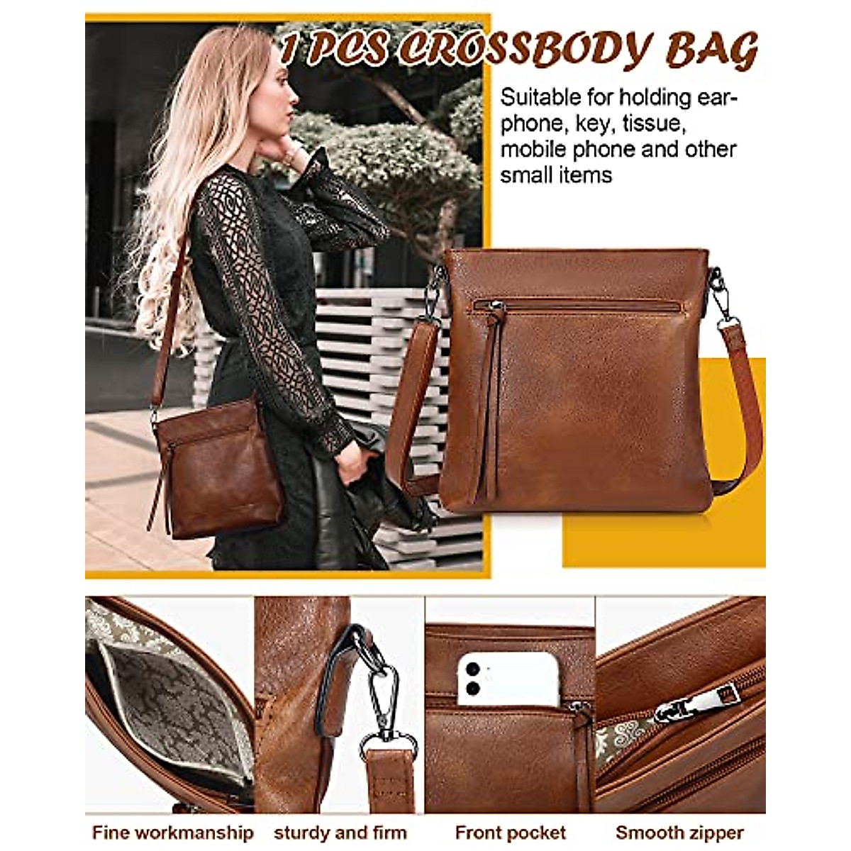 3 Pcs PU Leather Backpack Purse for Women Crossbody Purse Set Women's Crossbody Handbags Soft College Casual Shoulder Bag for Ladies Travel, Brown