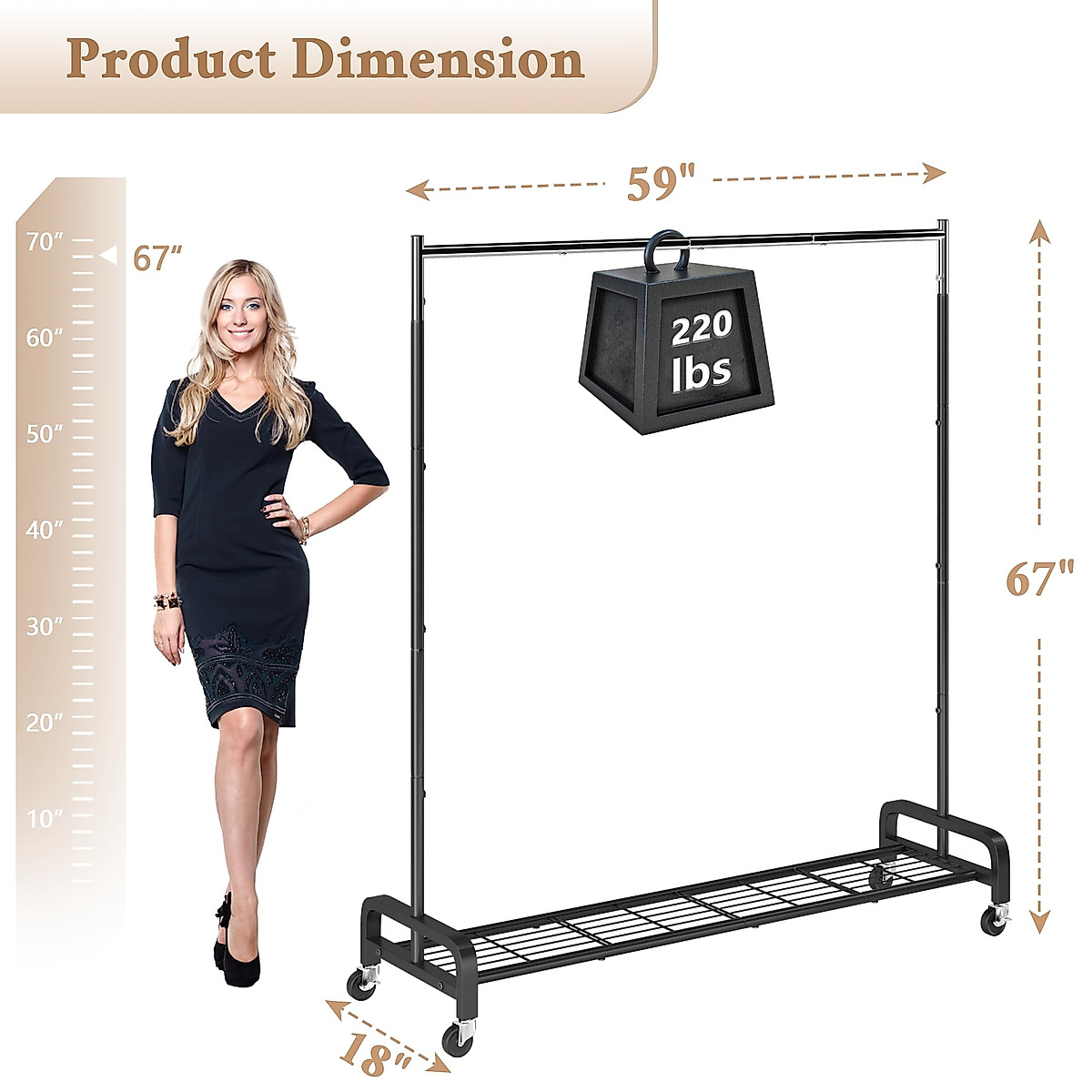 FEMOND Clothing Rack with Wheels Portable Clothes Rack Heavy Duty Garment Racks for Hanging Clothes 59" Rolling Clothes Rack