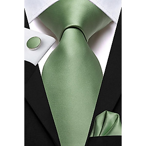 Hi-Tie Men Ties Sets Silk Stripe Paisley Necktie Pocket Square Cufflinks for Business Wedding,Sage Green