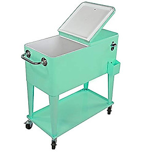 HomeAesthetics 80 Qt. Retro Rolling Cooler Ice Chest Cart with Shelf & Bottle Opener - Seafoam, Great for Outdoors, Patios, Decks, Parties, Backyards, Bars