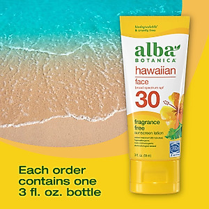 Alba Botanica Sunscreen for Face, Fragrance-Free Hawaiian Face Sunscreen Lotion, Broad Spectrum SPF 30, Water Resistant and Biodegradable, 3 fl. oz. Bottle