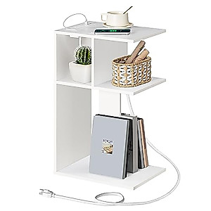 MAHANCRIS End Table with Charging Station, Narrow Side Table for Small Spaces, Slim Nightstand with Light, C-Shaped Beside Table with Storage Shelf, for Bedroom, Living Room, White ETWT78E01