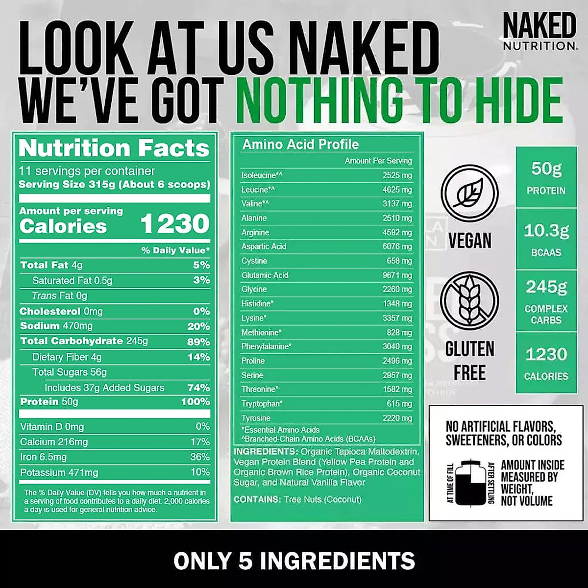 Naked Mass - Vanilla Vegan Weight Gainer - 8Lb Bulk, GMO Free, Gluten Free, Soy Free & Dairy Free. No Artificial Ingredients - 1,230 Calories - 11 Servings