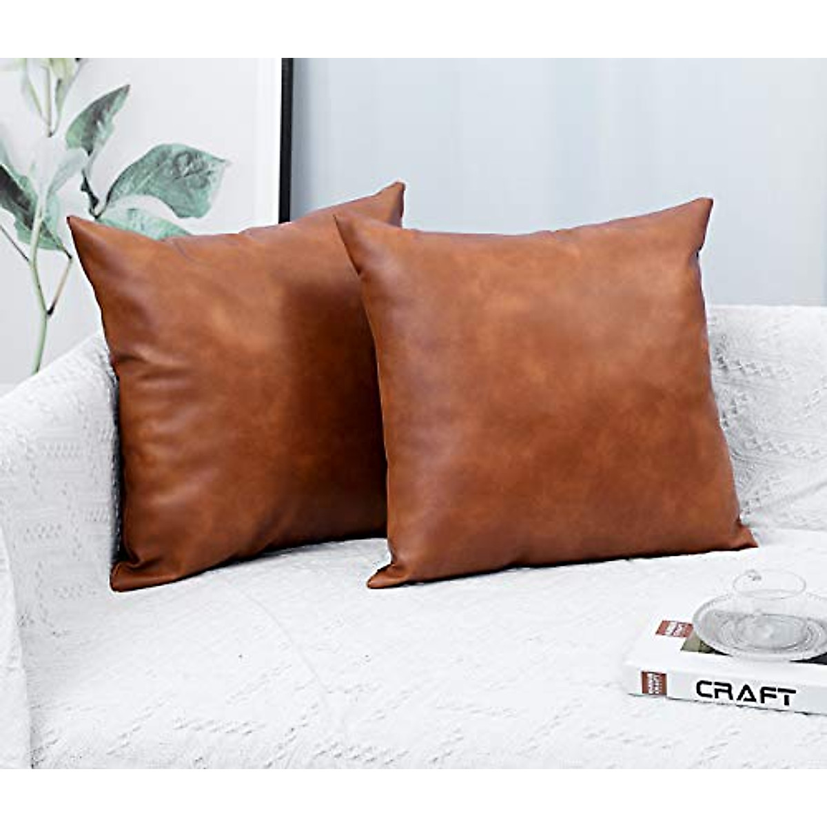SEEKSEE Brown Faux Leather Accent Throw Pillow Cover 18x18 inch, 2-Pack Modern Country Farmhouse Style Pillowcase for Bedroom Living Room Sofa