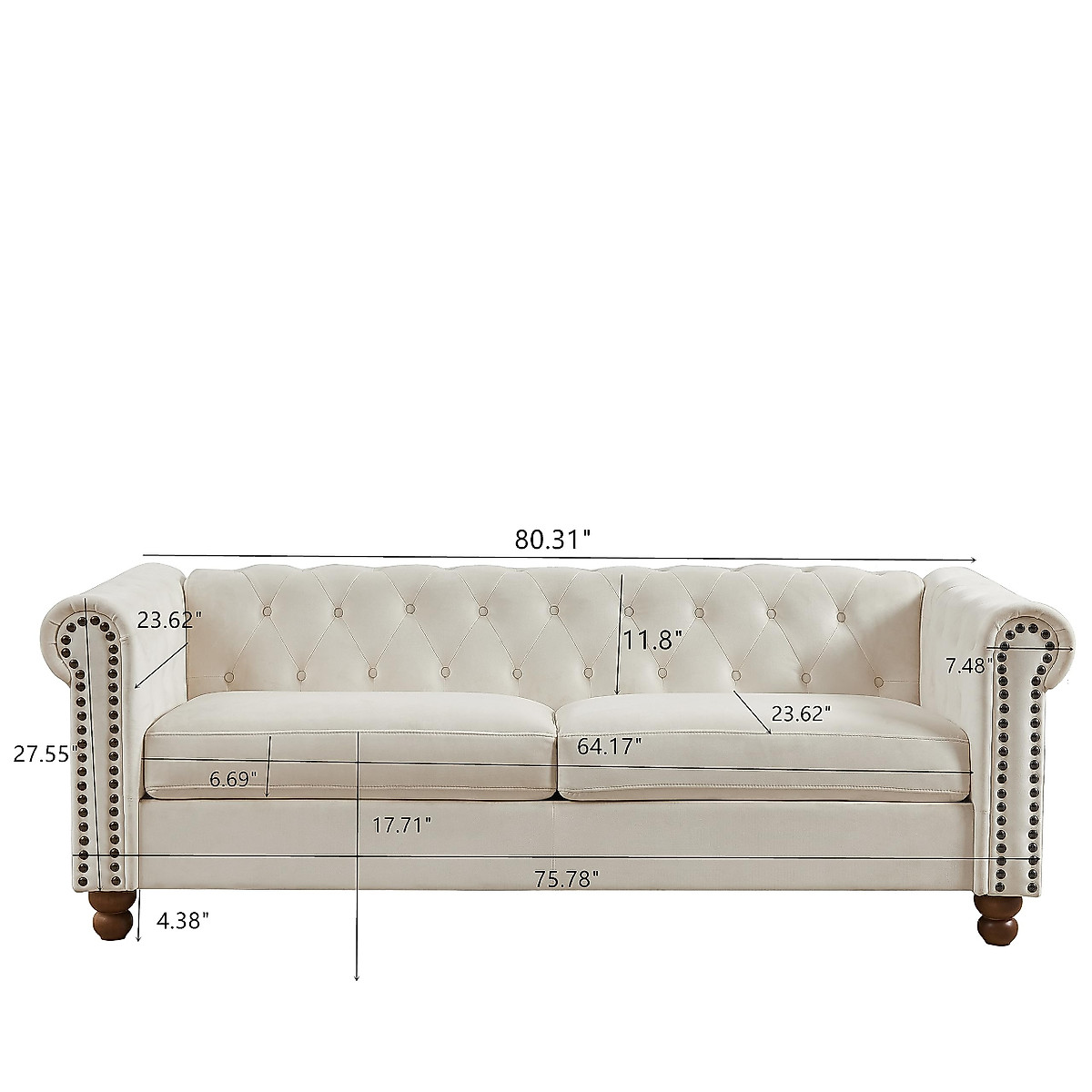 LKTART Modern Sofa Couch Upholstered Comfy Sofa Tufted Couch with Deep Seats, Chesterfield 3 Seater Sofa with 2 Pillows for Living Room Apartment Office Lounge White