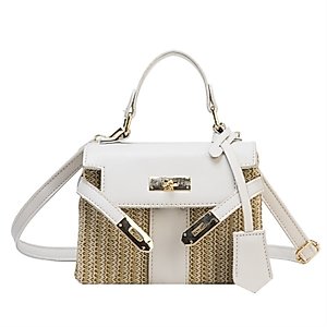 BZGWECD Handmade Rattan Crossbody Bags for Women, Summer Straw Bag Handbags Beach Bag PU Summer New Flap Crossbody Bag (Color : White, Size : 18x8x15cm)