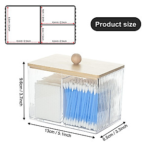 KIMCHOMERSE Wood Lid Qtip Holder Storage, Bathroom Cotton Ball Holder Canisters for Cotton Swab, Cotton Pad, Dental Floss Organizer, Hair Bands Container for Vanity Countertop -Clear