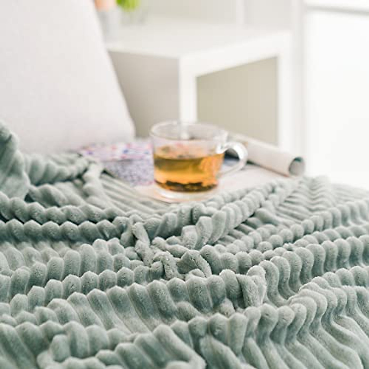 RECYCO Fleece Throw Blanket for Couch, Super Soft Cozy Fuzzy Decorative Blankets and Throws with Striped Pattern for Sofa, Lightweight Ribbed Plush Sage Green Throw Blanket for Bed 50"x60"
