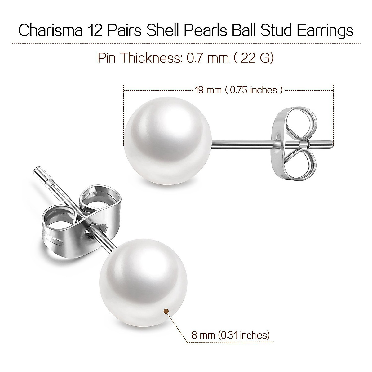 Charisma 8mm Composite Pearl Earrings Round Ball Pearls Stud Earrings Hypoallergenic 12 Pairs Imitation Pearl Earrings Set for Women