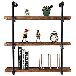 mecor Industrial Pipe Shelves with Wood 3 - Tiers, Rustic Wall Mount Shelf 35.1in,Metal Hung Bracket Bookshelf,DIY Storage Shelving Floating Shelves