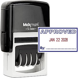MaxMark Office Date Stamp with Approved Self Inking Date Stamp - Blue/RED Ink
