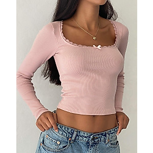 Women Y2k Crop Tops Long Sleeve Square Neck Ribbed Slim Fitted T-Shirt Tops Retro Streetwear (Pink, L)