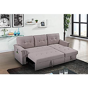 FurniFusion 84'' L-Shape Convertible Sleeper Sectional Sofa with Storage Chaise and Pull-Out Bed, Linen Upholstered Reversible Corner Couch w/USB Charger Ports and Pocket, Light Gray, 84 Inch