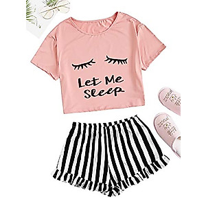 WDIRARA Women's Sleepwear Closed Eyes Print Tee and Shorts Cute Pajama Set Pink XS