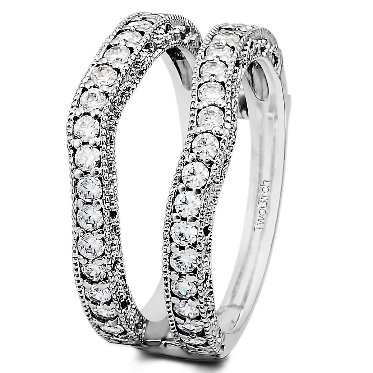 TwoBirch Sterling Silver Contour Ring Guard with Millgrained Edges and Filigree Cut Out Design With CZ or MOISSANITE (0.48 ct.) (Cubic Zirconia, 7)