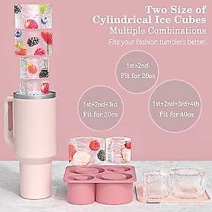 Sayrrame Ice Cube Tray for Stanley Cup, Silicone Ice Mold with Lid for 40oz 30oz 20oz 14oz Tumbler, 4 Pcs Hollow Cylinder Ice Maker for Chilling Cocktails, Whiskey, Drinks Coffee (Pink)