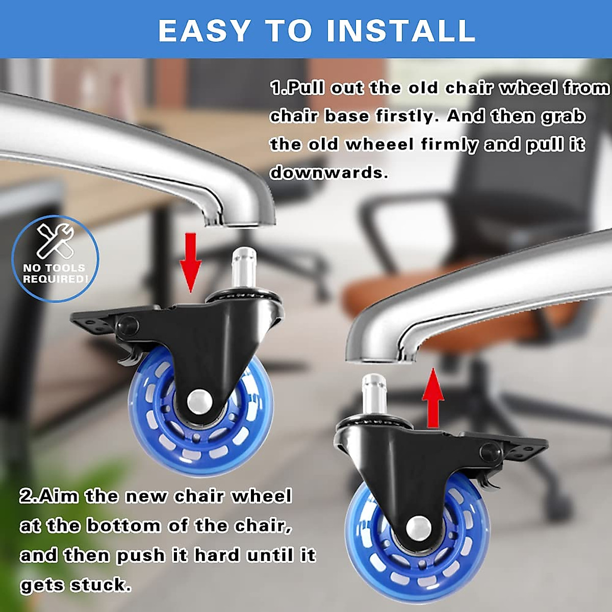 ANPTGHT Office Chair Wheels with Brake, Wheels Smooth Rolling Heavy Duty Casters Safe for Hardwood Floors & Carpet, Replacement Rubber Chair Casters Smooth & Quiet Universal Stem 7/16" Blue Set of 5