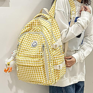 Qyrno Plaid Backpack Kawaii Backpack with Cute Accessories Cute Backpack Aesthetic Backpack DIY Backpack