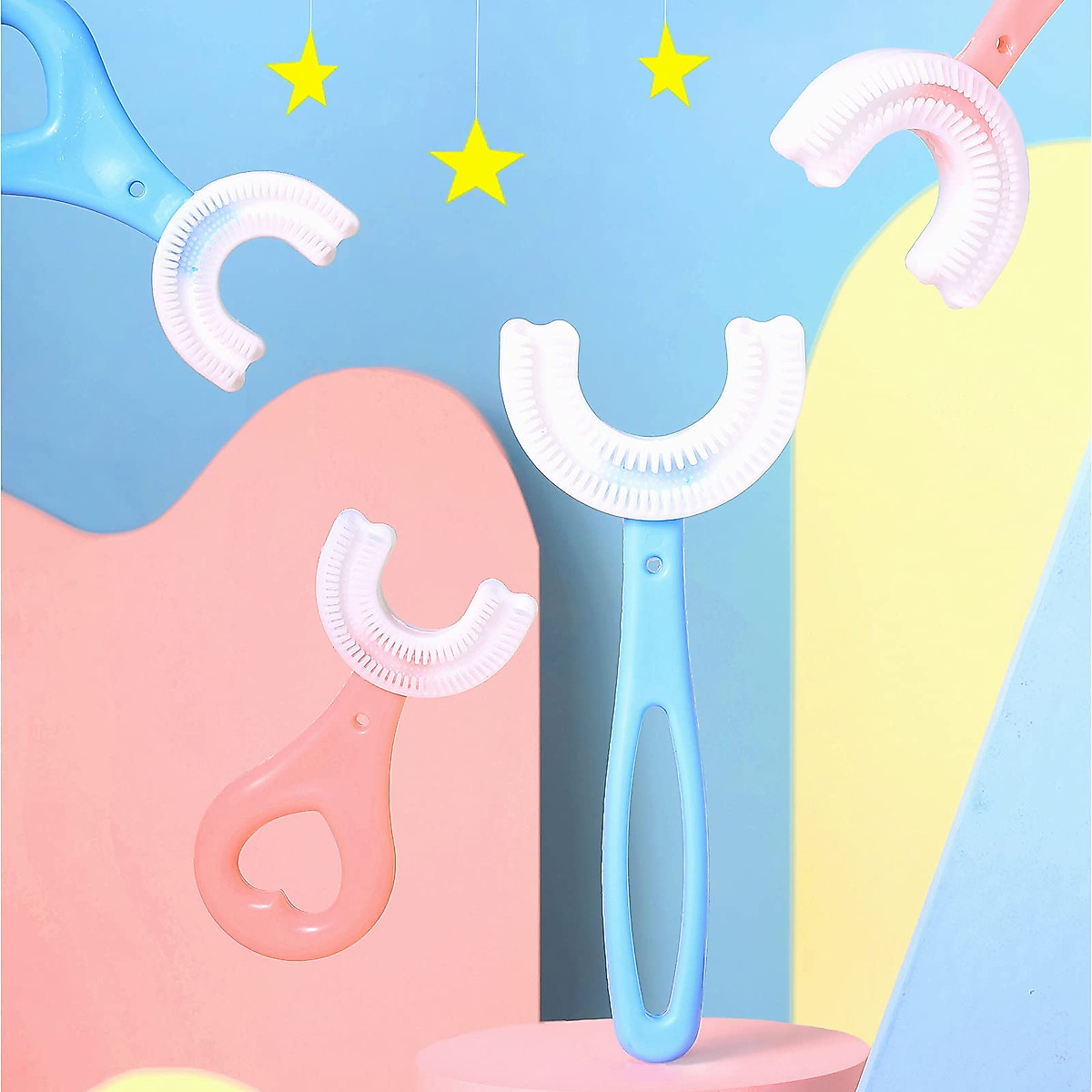 4 Packs Kids U Shaped Toothbrush, Food Grade Soft Silicone Head, Age 2-6 Kidstoothbrush 360 Degree Oral Teeth Cleaning Design for Toddlers and Children (Round and Long Style)