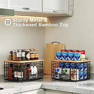 2 Pack XXL Stackable Wire Baskets with Bamboo Top for Pantry Organizers and Storage, Kitchen Organization Counter Basket for Fruit, Vegetable, Produce, Bread, Potato and Onion Storage Bins