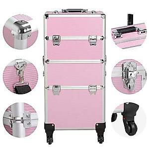 Topeakmart 3 In 1 Aluminum Professional Rolling Cosmetic Case, Beauty Storage Trolley, Make Up Storage Organizer, Makeup Travel Case - With Wheels, Folding Trays and Large Compartments - Pink