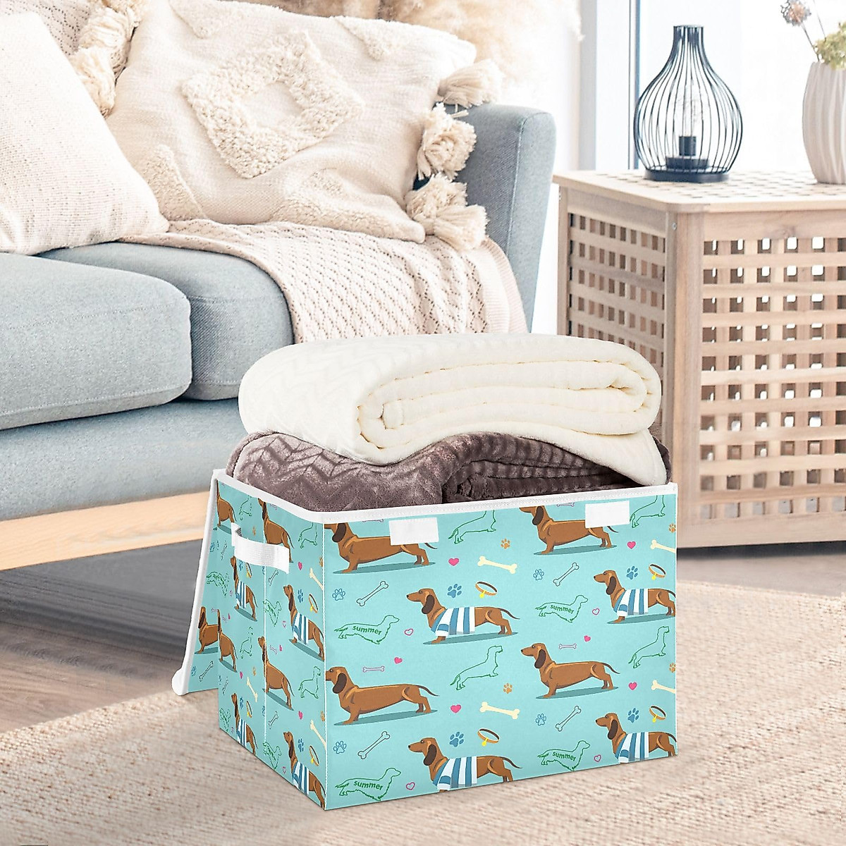 DIGTIA Storage Bins with Lids Decorative Dachshund Dog Foldable Storage Boxes with Handles Large Storage Basket Collapsible Organizer Containers for Closet Home Bedroom Office