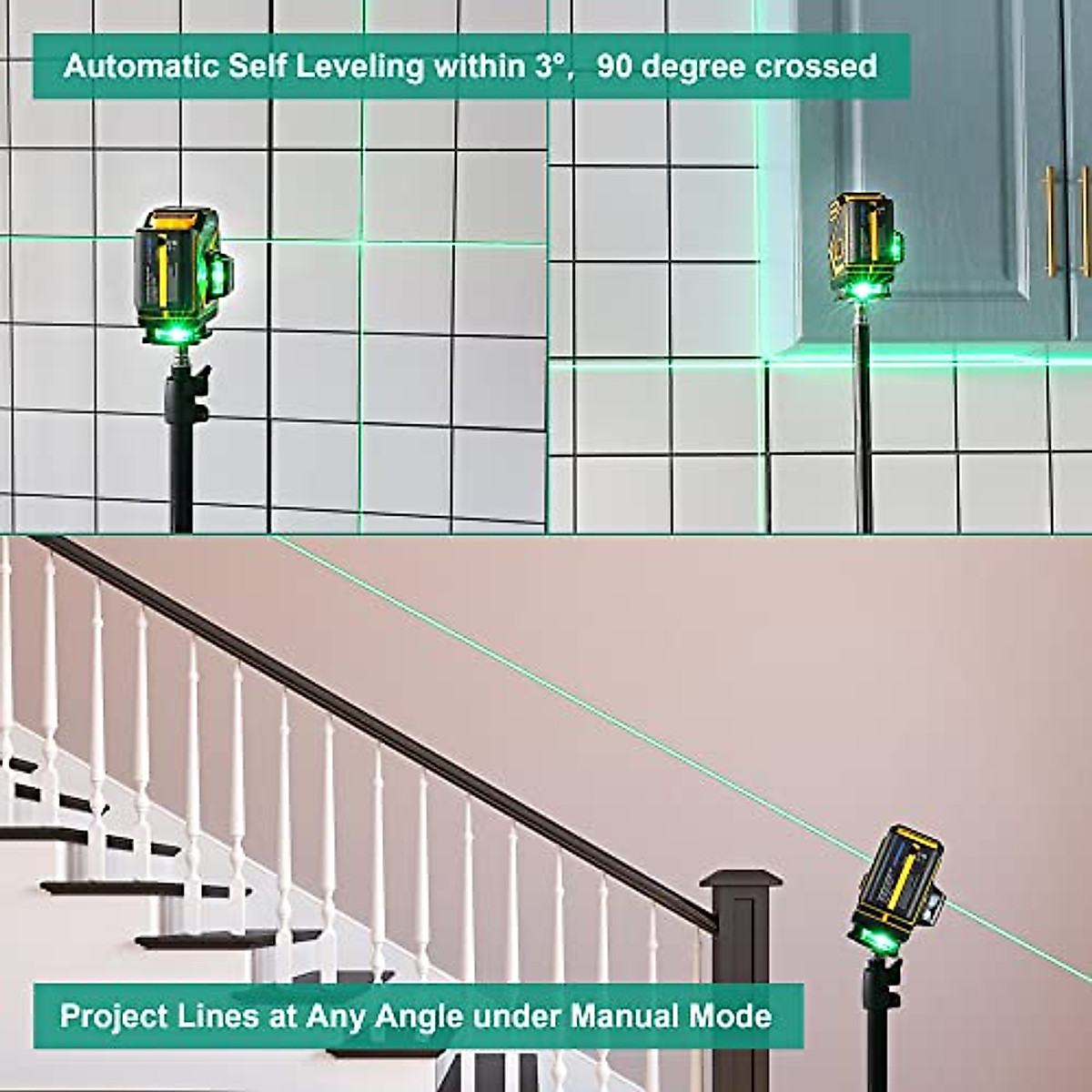 INSPIRITECH Tile Laser Level Self Leveling 3D Alignment Guide,3x360° Horizontal Vertical 12 Cross Lines, Green Beam Lazer Leveler Tool for Floor Ceiling Wall with 2 Lithium Batteries