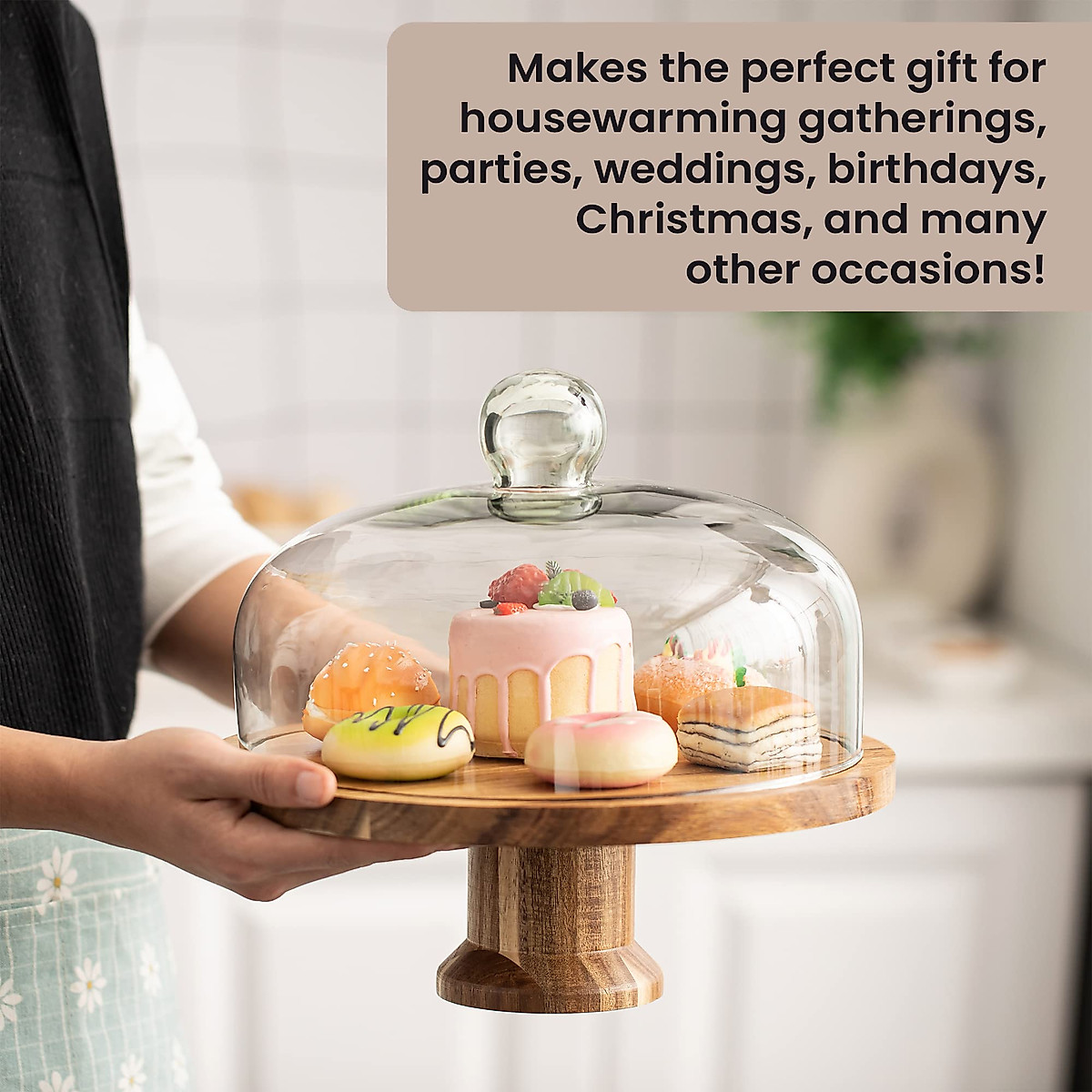 Acacia Wood Cake Stand with Dome Glass for Cakes, Pastries, Cheese, Cupcakes - 11.4" Elegant Cake Stand with Lid - Cake Plate with Glass Cake Dome for Cake Display - Cake Stand Cover by Smedley & York