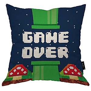 Beabes Pixel Game Throw Pillowcase Vintage Fun Video Game Over with Fungus White Cloud Red Mushroom Square Throw Pillow Cover for Men Women Boys Girls Home Decor Cotton Linen 18x18 Inch
