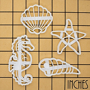 Set of 4 Shells cookie cutters (Designs: Seashell, Corkscrew, Starfish and Seahorse), 4 pieces - Bakerlogy
