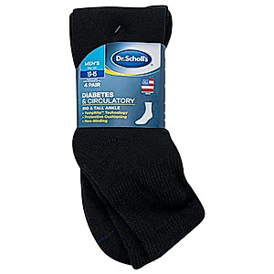 Dr. Scholl's Men's 4 Pack Diabetic and Circulatory Non Binding Ankle Casual Sock, Black, Shoe Size 7-12 US