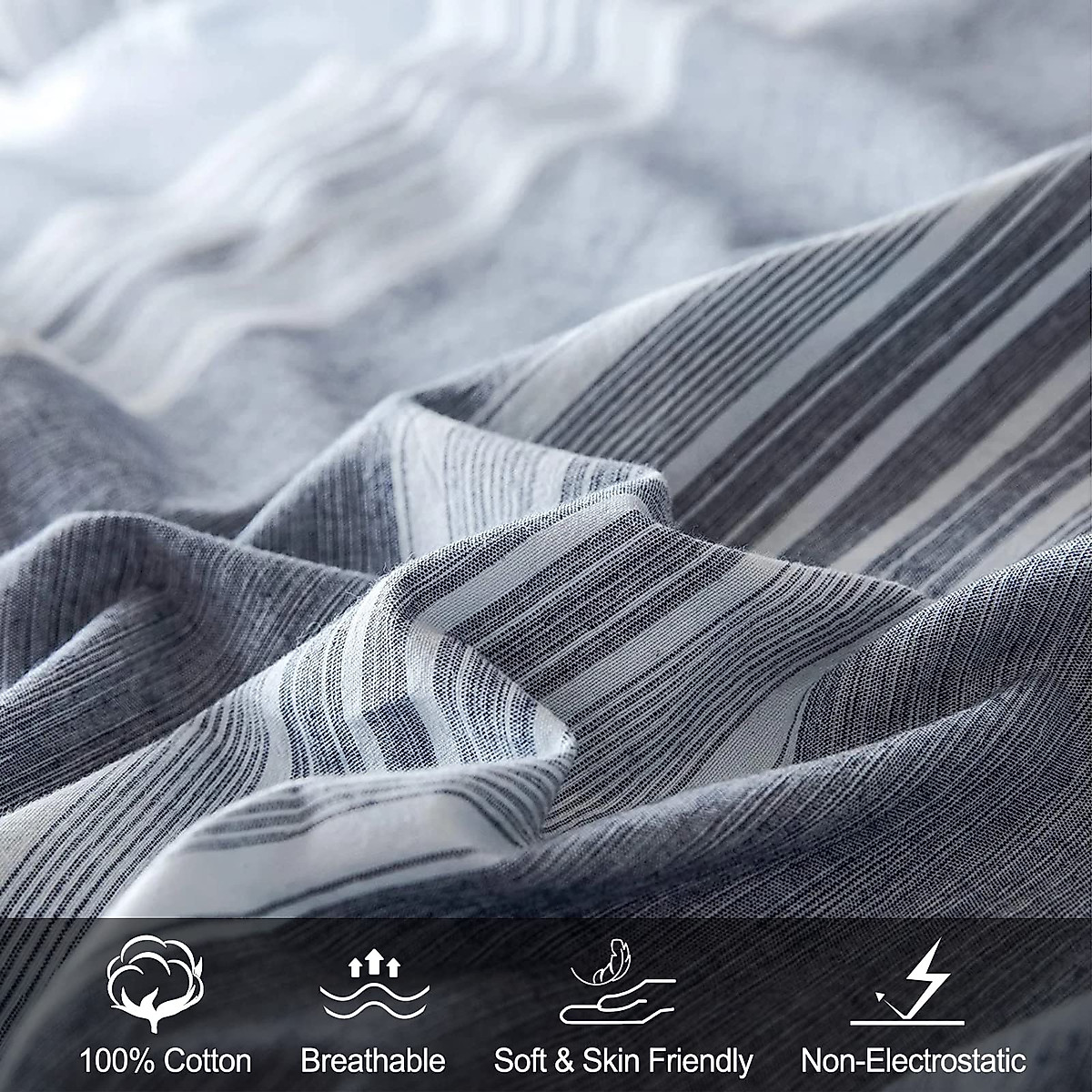 David's Home 100% Washed Cotton Duvet Cover Set Queen Size, Chambray Stripe Duvet Cover with Pillow Shams, 3pcs Ultra Soft and Breathable Comforter Cover Set, 90x 90 Inches, Blue Beige