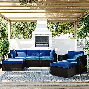 Merax Patio Furniture Sets, 6 PCS Outdoor Patio Sectional Sofa Set, All Weather PE Wicker Rattan Conversation Set with Glass Table & Cushions, Brown+Blue