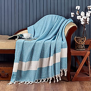 Aegean Concept Blanket, Vintage Boho Rustic 100% Cotton Super Soft 88"x90" (225 cm x 230 cm) Queen Size, Adult Turkish Muslin Light Bedcover Bedspread Queen Blankets, (Turquoise)